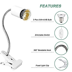 Reptile Heat Lamp, Reptile Light with 360° Rotatable Hose, Adjustable Heating Lamp Fixture with 3 UVA UVB Bulbs Suitable for Bearded Dragon Turtle Lizard Snake ,Most Reptiles Plants