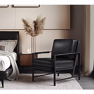 Yaheetech PU Leather Armchair, Retro Leisure Accent Chair with Extra Soft Padded and Cushion, Modern Reading Arm Chair with Black Metal Frame for Living Room/Office/Bedroom/Study Black