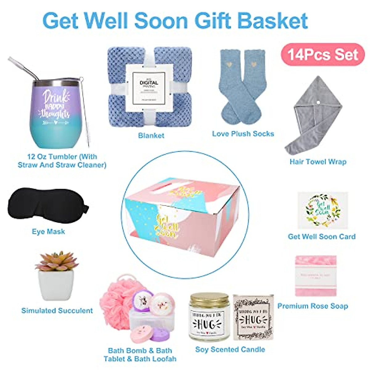 Get Well Soon Gifts for Women,Care Package for Women,Feel Better Gifts Basket for Sick Friends,After Surgery Recovery Thinking of you Self Care Sympathy Gift for Women with Blanket & Socks,Tumbler