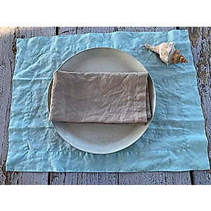 Eight Owls Stonewashed Linen Placemats – 15” x 20”– Set of 4-100% Pure Linen Cloth - Mitered Corners – 2" Hem – Coast (Aqua Lagoon)