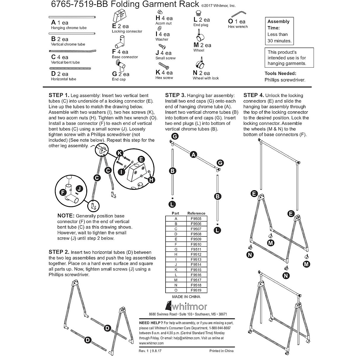 Whitmor Foldable Garment Rack - Rolling Clothes Hanger - Adjustable Height