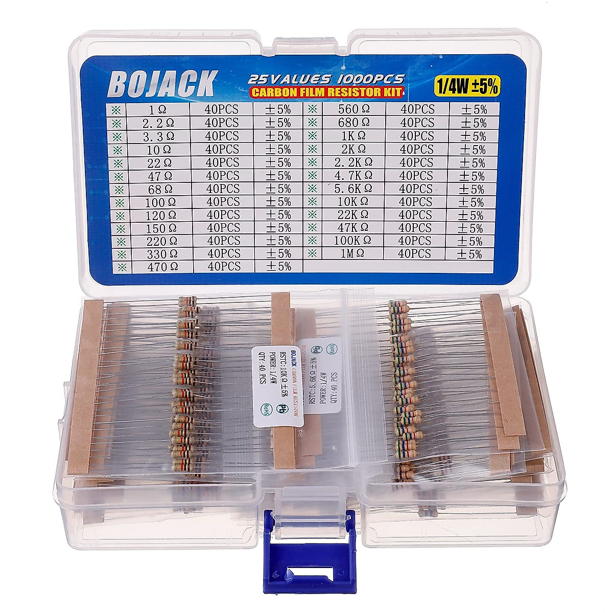 BOJACK 1000 Pcs 25 Values Resistor Kit 1 Ohm-1M Ohm with 5% 1/4W Carbon Film Resistors Assortment