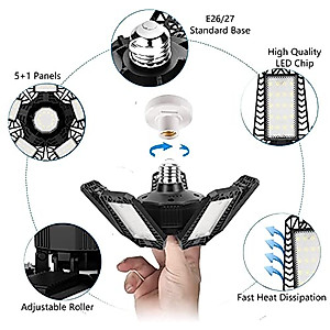 2 Pack LED Garage Lights, 160W 16500LM 6500K Deformable Garage Lights Ceiling LED Shop Lights for Garage with 5+1 Adjustable Panels for Garage Basement Workshop Support E26/E27 Screw Socket