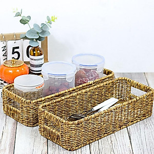 BESTonZON Plastic Woven Storage Basket Rattan Kitchen Cutlery Holder Stand Silverware Basket Kitchen Utensil Drawer Organizer Farmhouse Serving Basket for Kitchen Office