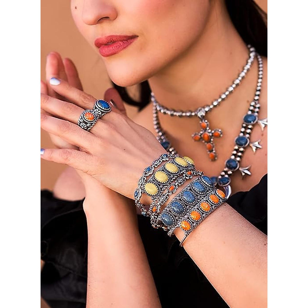 American West Jewelry Sterling Silver Women's Cuff Bracelet Yellow Jasper Gemstone 5-Stone Design Size Large