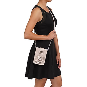 Mellow World Rosa 3D Floral Cell Phone Small Cross Body Shoulder Bag Vegan Leather Women Purse Touch Screen Removable Strap, Cream