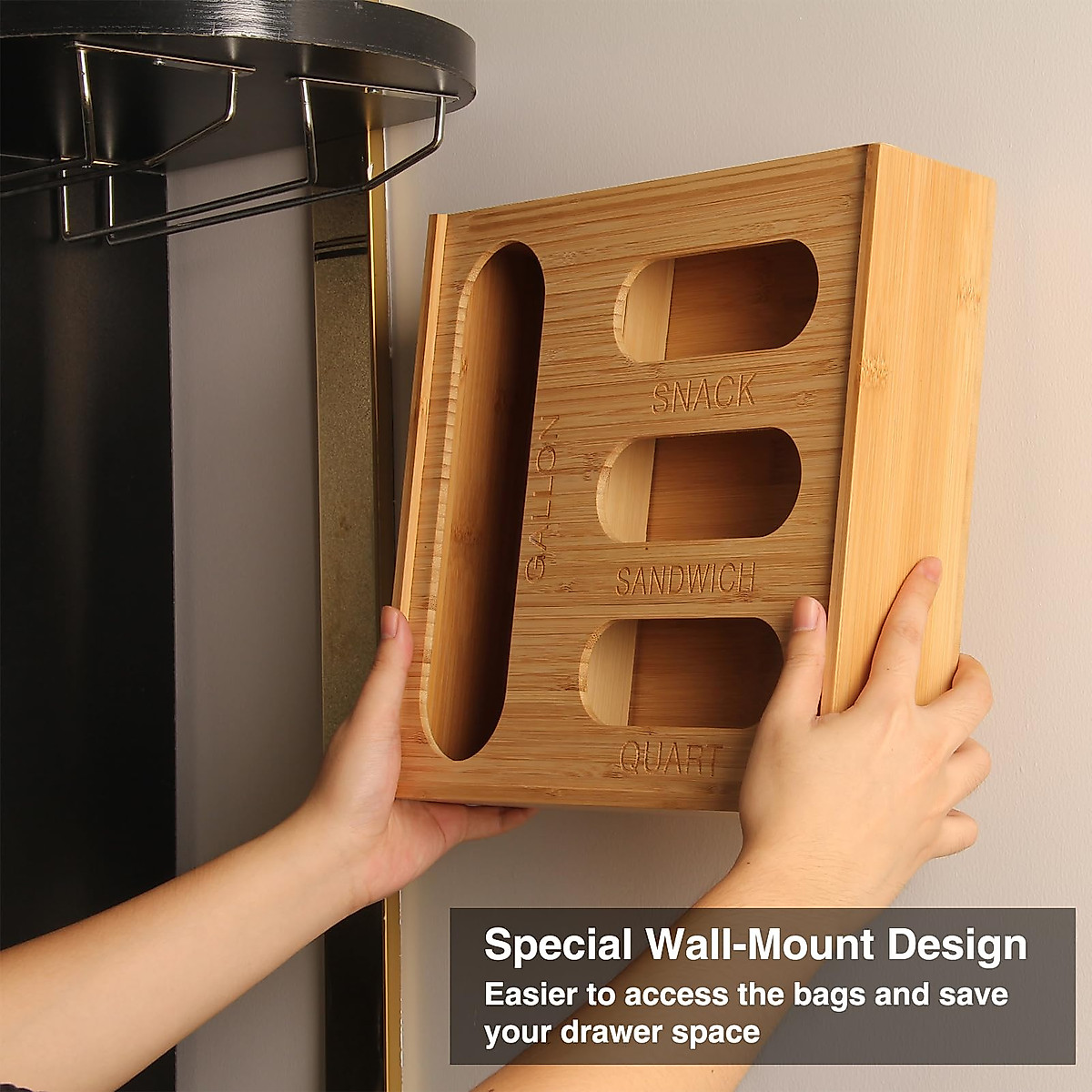 LOPASA Ziplock Bag Organizer for Drawer, Food Storage Bag Organizer Sandwich Bag Organizer for Kitchen, Plastic Lunch Bag Holder, Bamboo Baggie Container(1 Box 4 Slots)