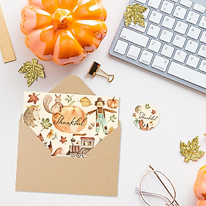 Whaline 24 Packs Fall Thankful Cards Watercolor Little Pumpkin Greeting Cards Autumn Animal Blank Note Cards with Envelopes and Stickers for Thanksgiving Baby Shower Birthday Party, 4 x 6 Inch