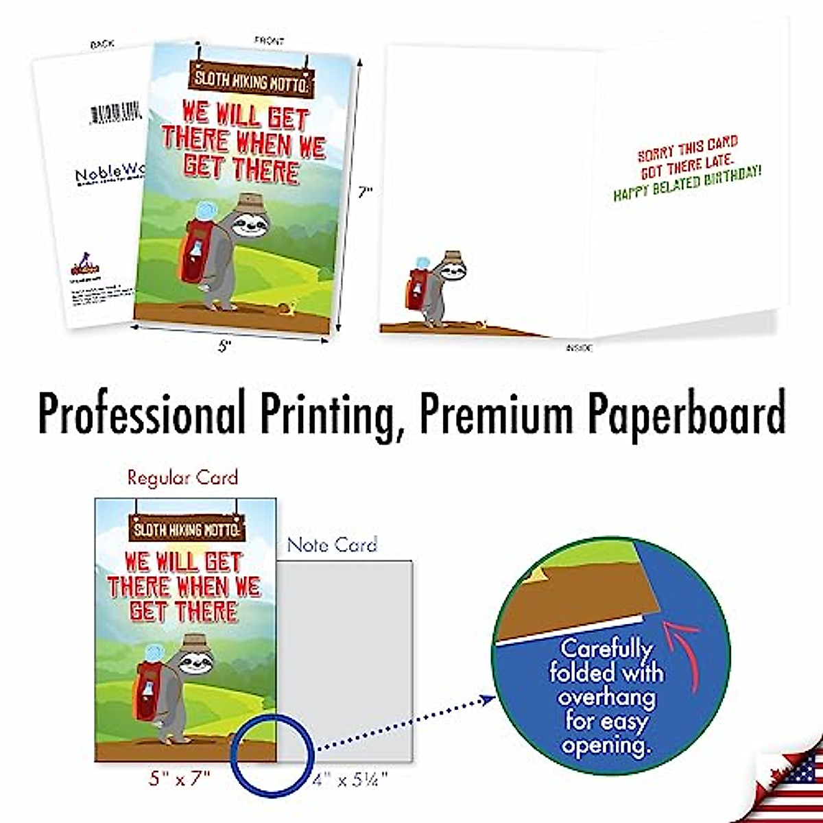 NobleWorks - 1 Cute Birthday Card with Envelope - Funny Wild Animals and Pets, Birthday Greeting - Sloth Hiking C7234BEG