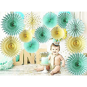 Mint Gold Birthday Decorations for Women Mint Cream Gold Polka Dot Paper Fans for Trial Baby Shower Decorations Mint Gold Wedding/Mint First Birthday Bridal Shower Decorations