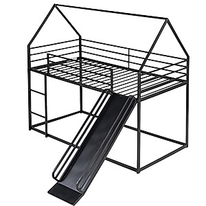 Harper & Bright Designs Twin over Twin House Bunk Bed with Slide and Ladder, Metal Low Bunk Bed Frame for Kids Girls Boys - Black
