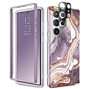 GVIEWIN Marble Bundle - Compatible with Samsung Galaxy S23 Ultra 6.8 Inch [No Built-in Screen Protector] + Phone Ring Holder (Burgundy/Gold) (2 Items Bundle)