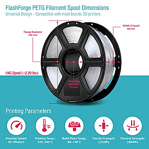FLASHFORGE PETG 3D Printer Filament, 1.75mm (Clear/Natural Color), 1kg Spool (2.2lbs), Guaranteed Fresh, Dimensional Accuracy +/- 0.02mm, Tangle-Free, Fits Most FDM Printers [Risk-Free]