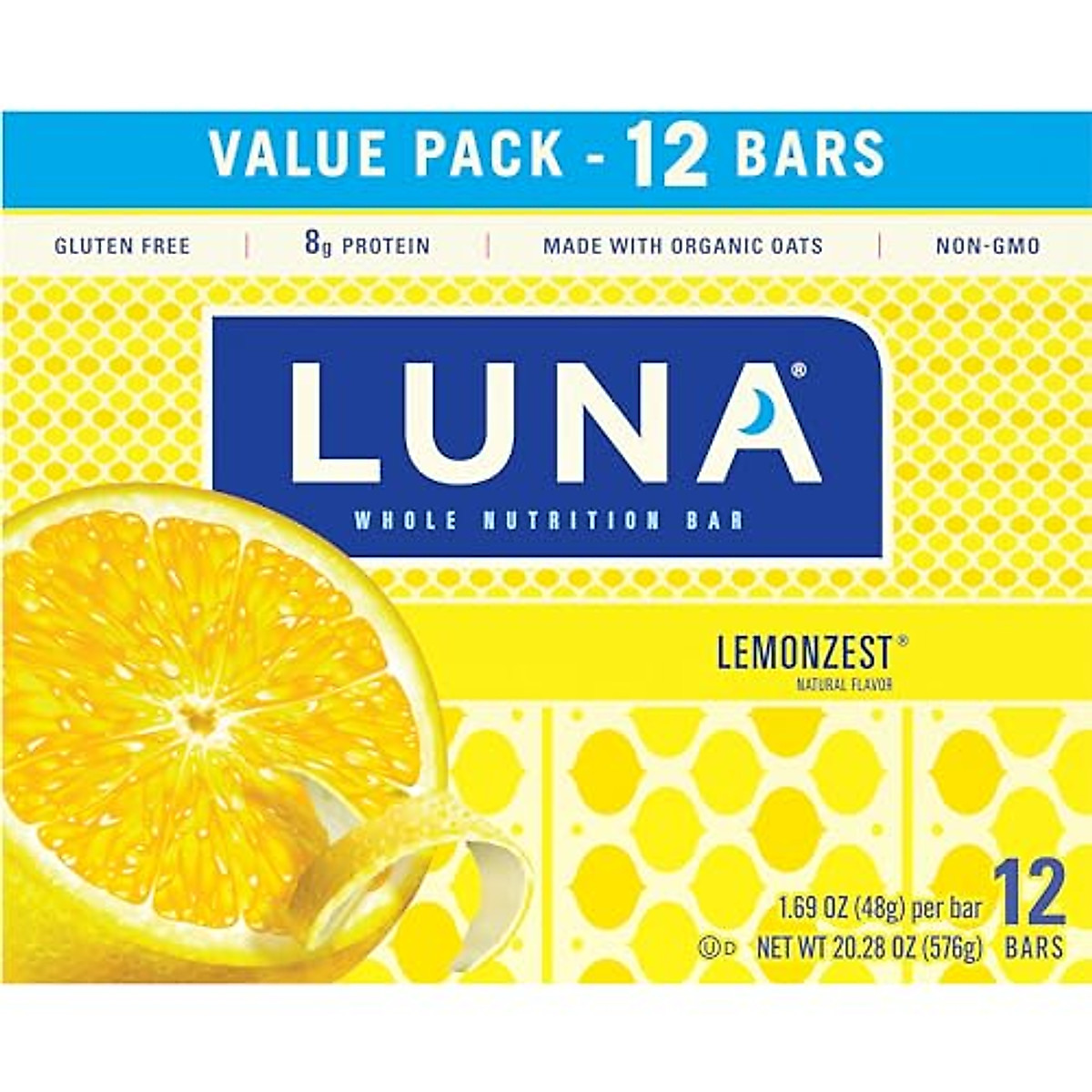 LUNA Bar - LemonZest Flavor - Gluten-Free - Non-GMO - 7-9g Protein - Made with Organic Oats - Low Glycemic - Whole Nutrition Snack Bars - 1.69 oz. (12 Pack)