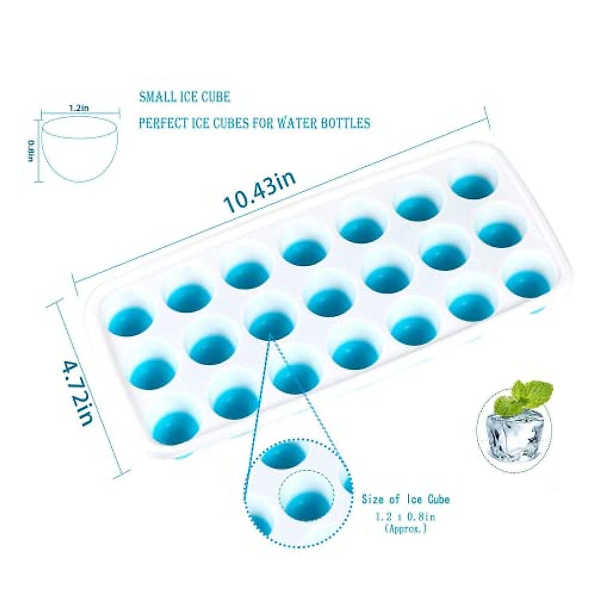 Ice Cube Trays Easy Release-Odor free,Spill Resistant Lid Included,2 Pack, Small Size, Stackable 42 Cubes,Silicone(Blue)