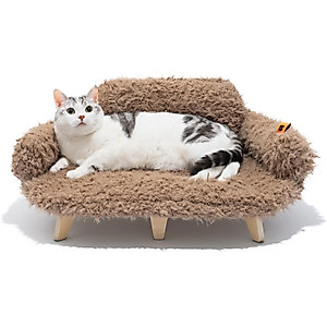 MEWOOFUN Removable Washable Cover Cat Bed - 26"x18.3"x8.5" Elevated Wooden Pet Sofa for Cats & Small to Medium Dogs, Modern Pet Furniture (Brown)