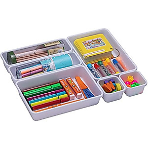Desk Drawer Organizer Tray Set, 6 Pieces Plastic Interlocking Organizer Bins for Divider and Storage Office Storage Bins Container for Kitchen Bathroom Makeup Office Vanity Bedroom Dresser White