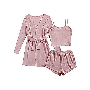 SOLY HUX Womens Pajama Sets 3 Piece Lounge Set Ribbed Knit Cami Top and Shorts Soft Sleepwear with Robe Cardigan Pink S