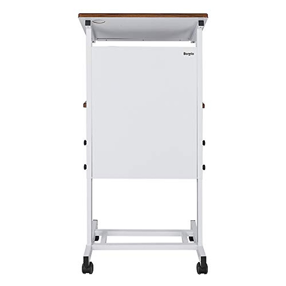 Bonnlo Mobile Stand Up Lectern Height Adjustable Podium with Wheels, Portable Heavy Duty Desk, Church Pulpit or Ceremony, Classroom Lecture Speech Teach Platform, Walnut Tabletop and White Steel Frame