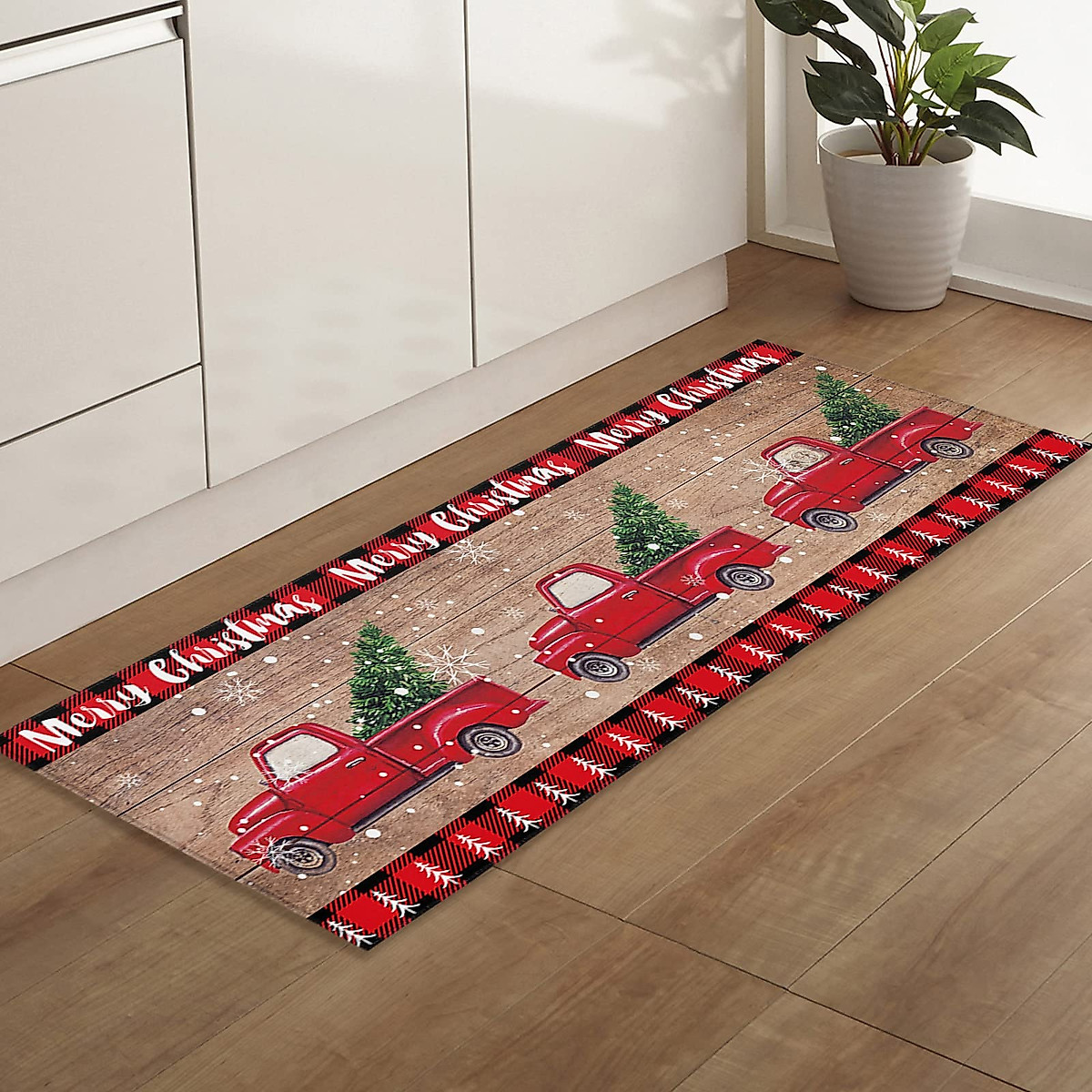 Libaoge Merry Christmas Kitchen Rugs and Mats Set of 1 Red Truck Pull Xmas Tree on Rustic Wood Grain Kitchen Sink Mat,Non-Slip Area Runner Rug,Washable Floor Mat for Home Dining Room Office 15"x47"