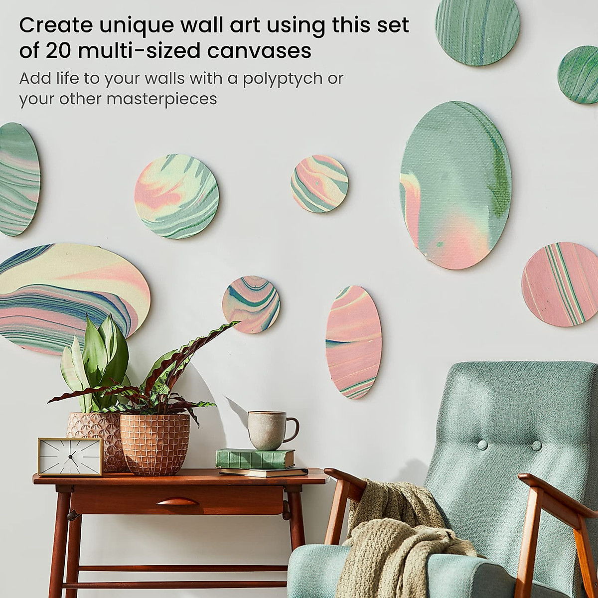 ARTEZA Stretched Canvas, Multipack of 20, Round, Oval, Triangle, and Hexagonal Canvas, Blank White Canvas Boards for Acrylic, Oil and Gouache Painting