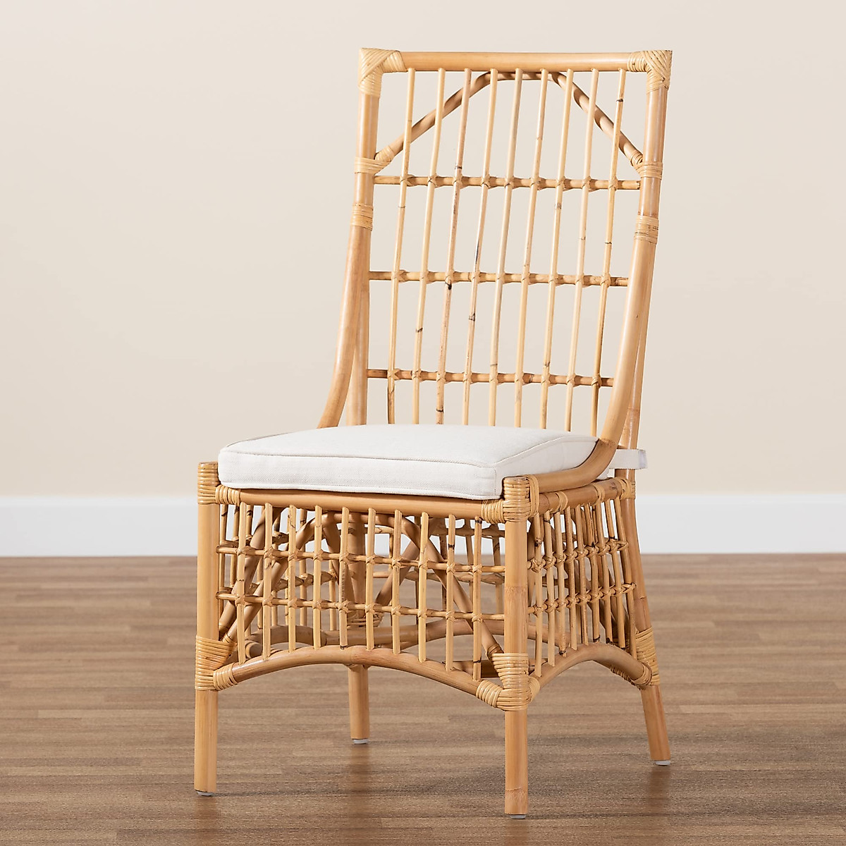 Baxton Studio Rose Dining Chair Dining Chair White Fabric Upholstered and Natural Brown Rattan Dining Chair