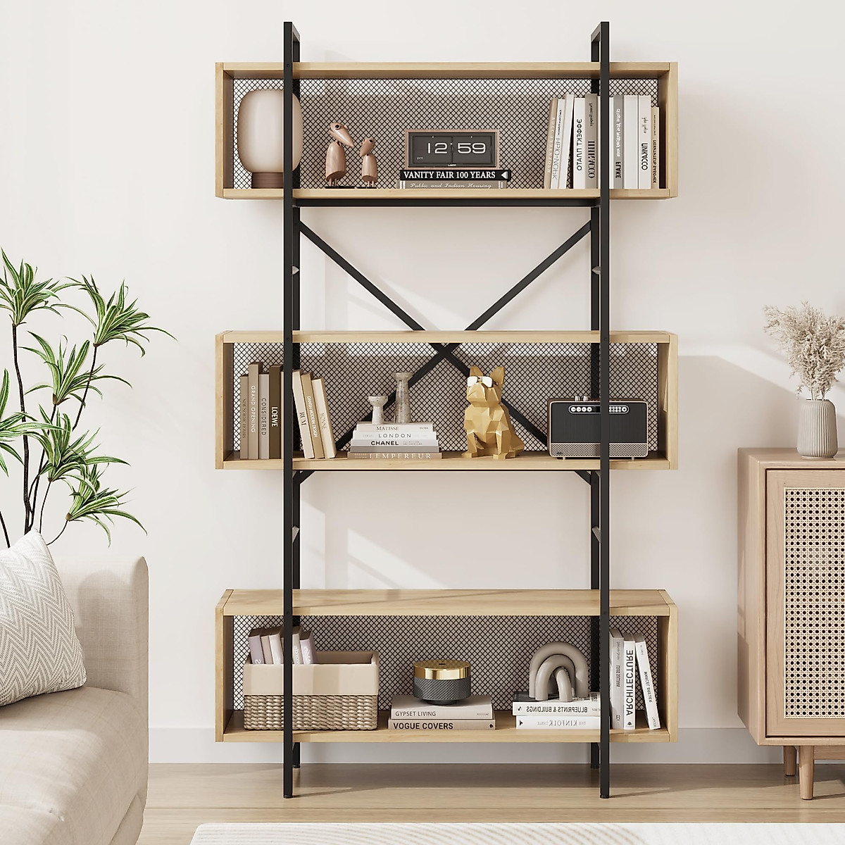 IDEALHOUSE 6 Tier Bookshelf with Storage, 71.3 Inch Tall Industrial Book Shelf with Open Display Bookshelves, 6 Shelf Bookcase with Metal Frame for Living Room, Bedroom and Home Office-Burlywood