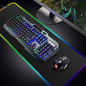 Wireless Gaming Keyboard and Mouse Combo,3 in 1 Rainbow LED Rechargeable Keyboard Mouse with 3800mAh Battery Metal Panel,10 Colors RGB Gaming Mouse Pad (32.5x12x0.15 inch),7 Colors Mute Gaming Mouse
