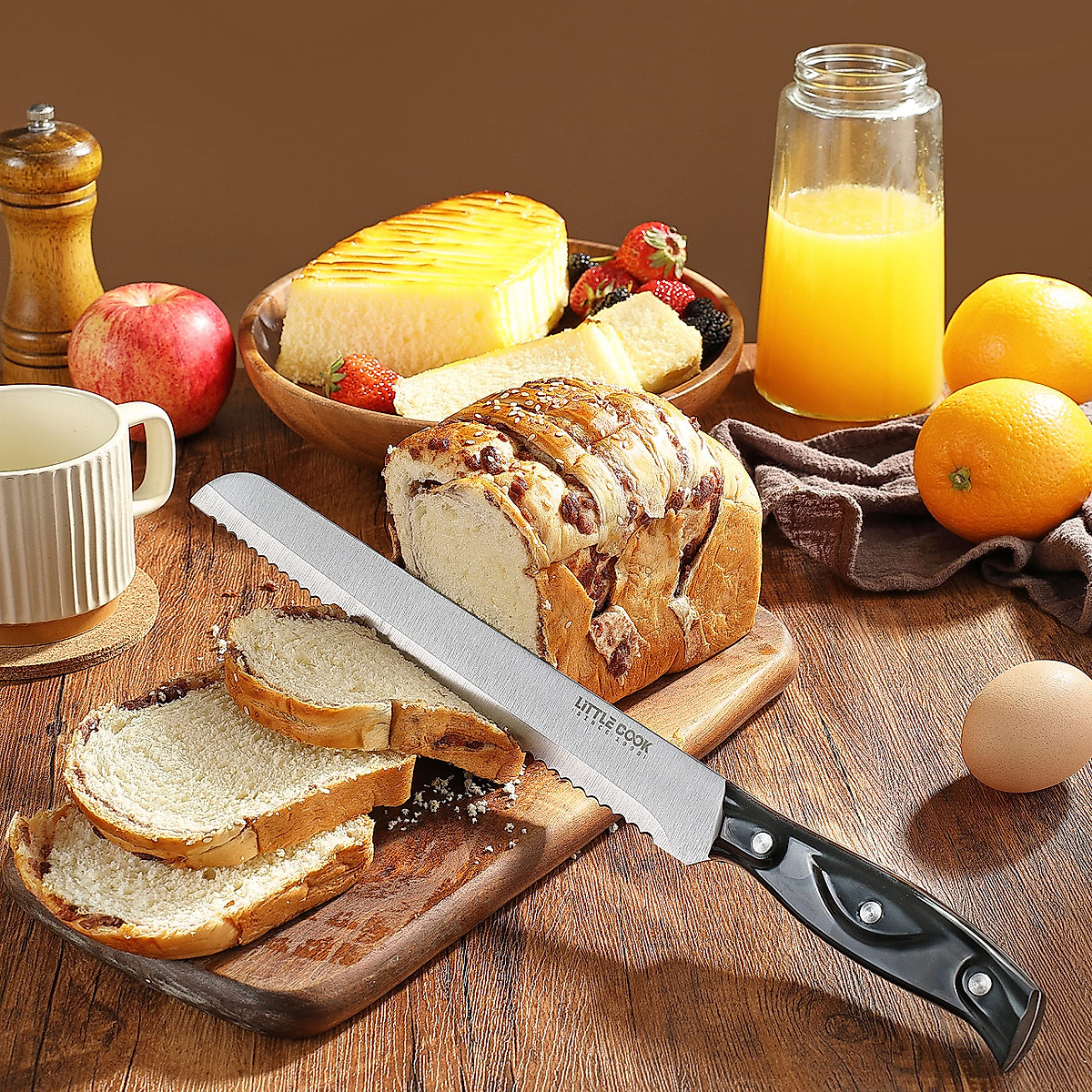 Little Cook Bread Knife with Cover, 10 inch serrated bread knife for homemade bread, German Stainless Steel brisket knife, Bread Cutter Ideal for Slicing Homemade Bread, Bagels, Cake