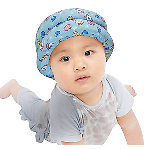 Baby Safety Helmet+2 Pairs Baby Crawling Knee Pads, Soft Comfortable Adjustable Baby Head Protective Cap Hat, Toddler Anti-Slip Knee Pads, for Baby Toddler Sitting Walking Climbing Running (Blue)