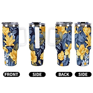 LLUTSNTH 40 Oz Vacuum Tumbler with White Handle Leakproof Insulated Tumbler Blue Base Yellow Floral Stainless Steel Travel Mug with Lid And Straw Coffee Cup Cute Water Bottles Cup Holder Friendly