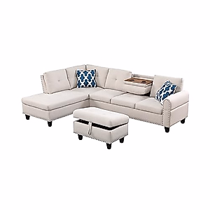 98" W Linen Sectional Sofa Upholstered Modular Couch with Cup Holder, 29" W Ottoman, 3 Combo Piece Living Room Furniture Set for 2 Toss Pillows and Rounded Arm, L-Shaped Button Nailhead Trim, Beige