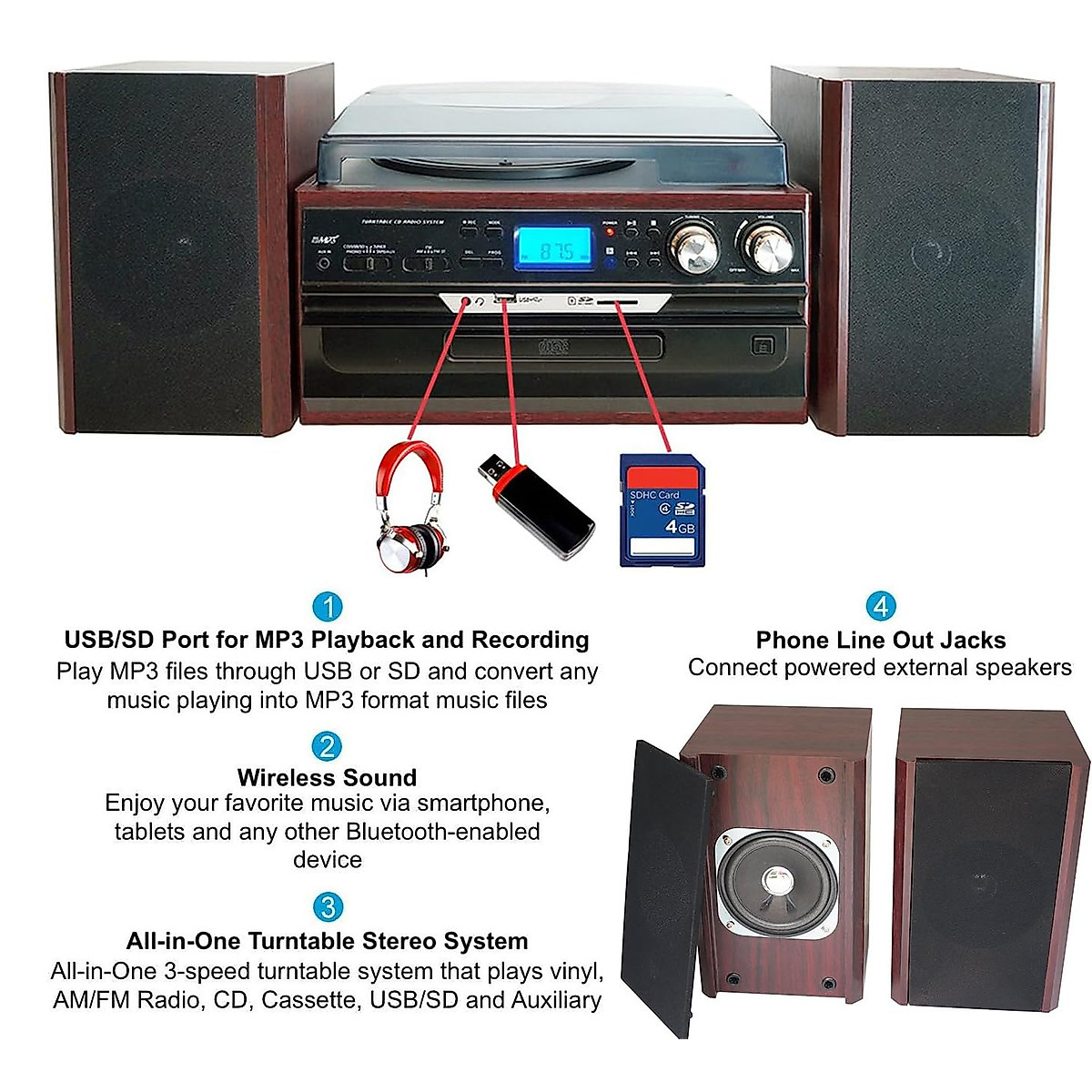Boytone BT-24DJM Bluetooth Classic Style Record Player Turntable with AM/FM, CD/Cassette Player, Separate Stereo Speakers, Record from Vinyl, Radio, Cassette to USB with MP3 format, SD Slot, USB, AUX.