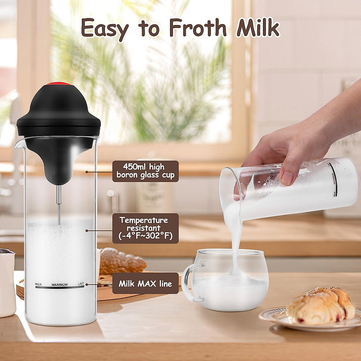SHANGSKY Milk Frother Handheld with Stand, Milk Frother Battery Operated Coffee Frother for Cappuccino Latte Hot Chocolate, Portable Drink Mixer Electric Whisk Mini Frother with Cup 17 oz