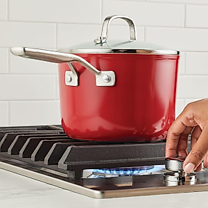 KitchenAid Hard Anodized Ceramic Nonstick Cookware Sauce Pan with Lid, 3 Quart, Empire Red