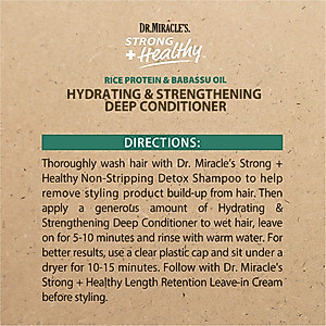 Dr. Miracle's Strong & Healthy Hydrating & Strengthening Deep Conditioner. Contains Coconut Oil to provide intense moisture and repair damaged hair.