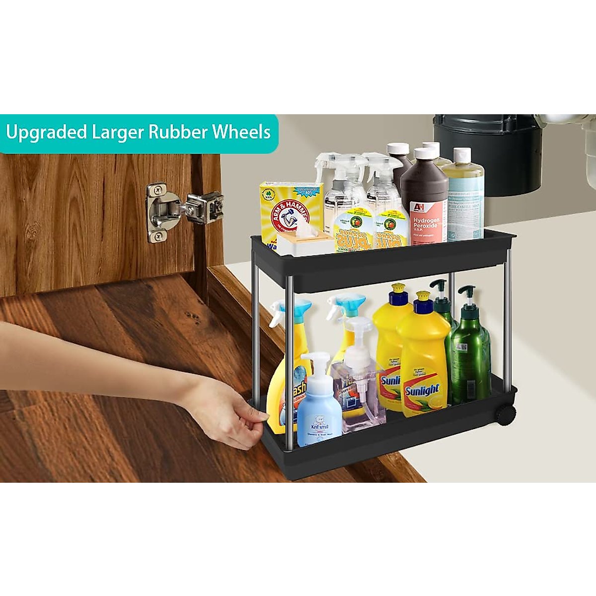 Durmmur [Upgrade Wheels] Under Sink Organizers and Storage, Slide Out Multi-Purpose 2 Tier Bathroom Organization Countertop or Undersink Shelf, Kitchen Under Cabinet Container Basket Caddy with Hooks