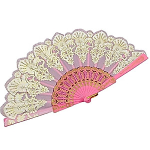 PHONME Multipurpose Folding Hand Held Fan Flower Lace Black Wedding Dance Party Silk Fans Luxury Fashion Hot Stamping Fan Spanish Style for Decoration Vintage Style (Color : Red)
