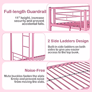 VECELO Metal Bunk Bed Twin Over Twin, Industrial Bunkbeds with Ladder and Full-Length Guardrail, Noise Free, No Boxing Spring Needed, Pink