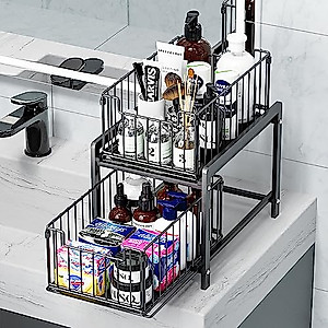 Lxmons 2 Tier Basket Drawer Organizer, Pull Out Under Sink Cabinets , Metal Home Organizer Shelf for Bathroom or Kitchen, Sliding Countertop or Pantry Storage shelf, Large Black