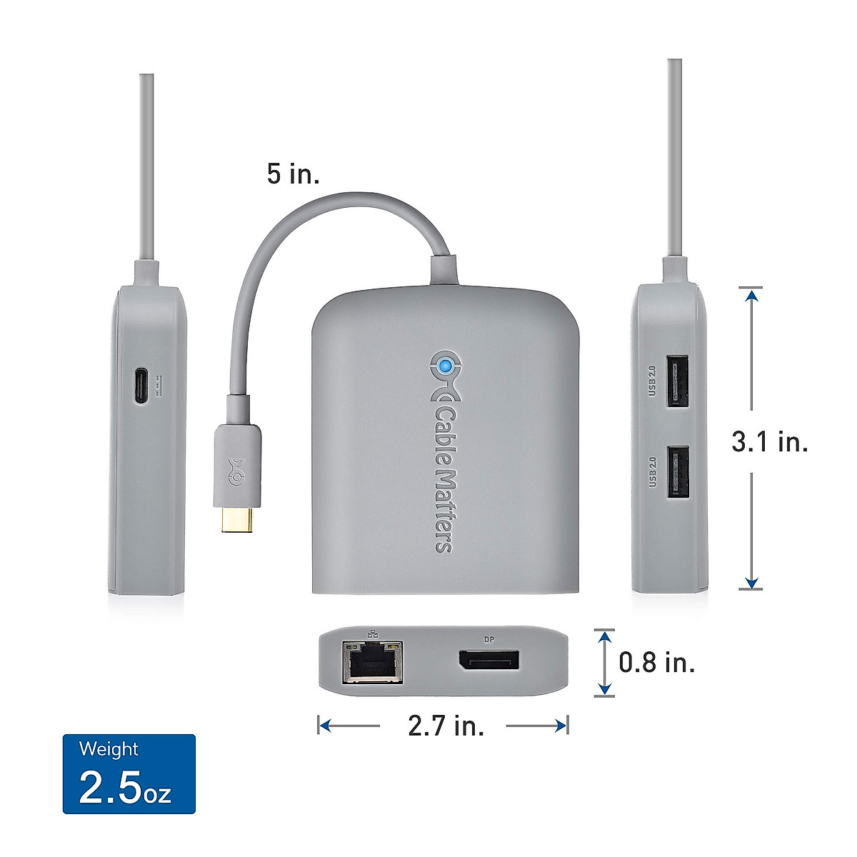 [Works with Chromebook Certified] Cable Matters USB C Hub Multiport Adapter with 4K DisplayPort, 2X USB 2.0, 100Mbps Fast Ethernet, and 60W PD