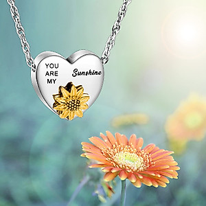 XIUDA Heart Ashes Necklace Urn Necklace with Sunflower You Are My Sunshine Cremation Necklace for Ashes Cremation Jewelry for Human Ashe Memorial Necklace with Flower