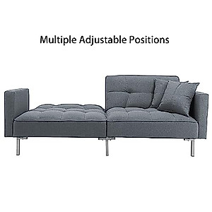 RIDFY Modern Upholstered Adjustable Folding Sofa Bed with Two Pillows and Metal Legs, Linen Fabric Futon Couch with Armrests for Living Room, Apartment, Dorm, Home, Office (Dark Gray)