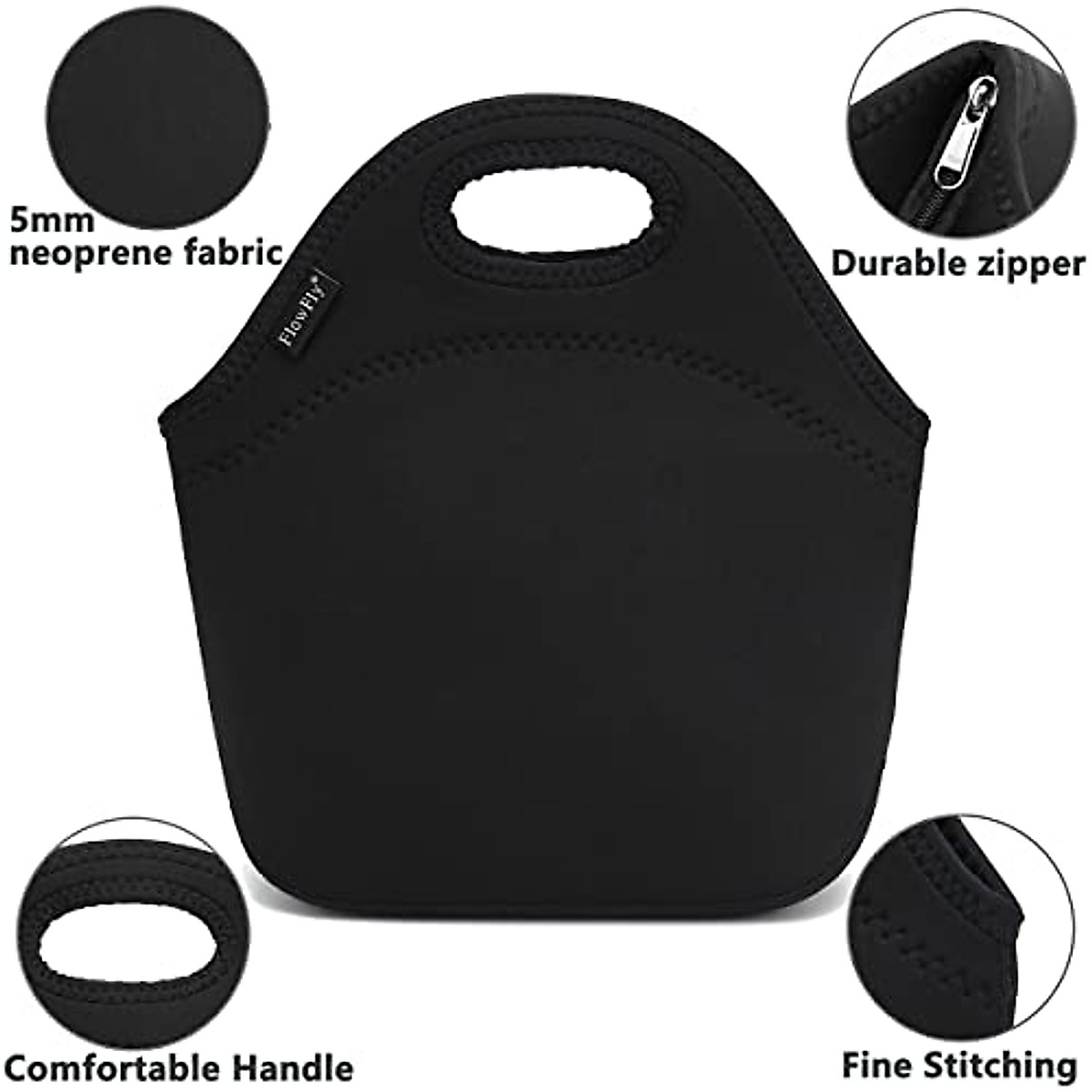FlowFly Neoprene kids Lunch box Insulated Soft Bag Mini Cooler Thermal Meal Tote Kit for Boys, Girls,Men,Women,School,Work, Office,Black