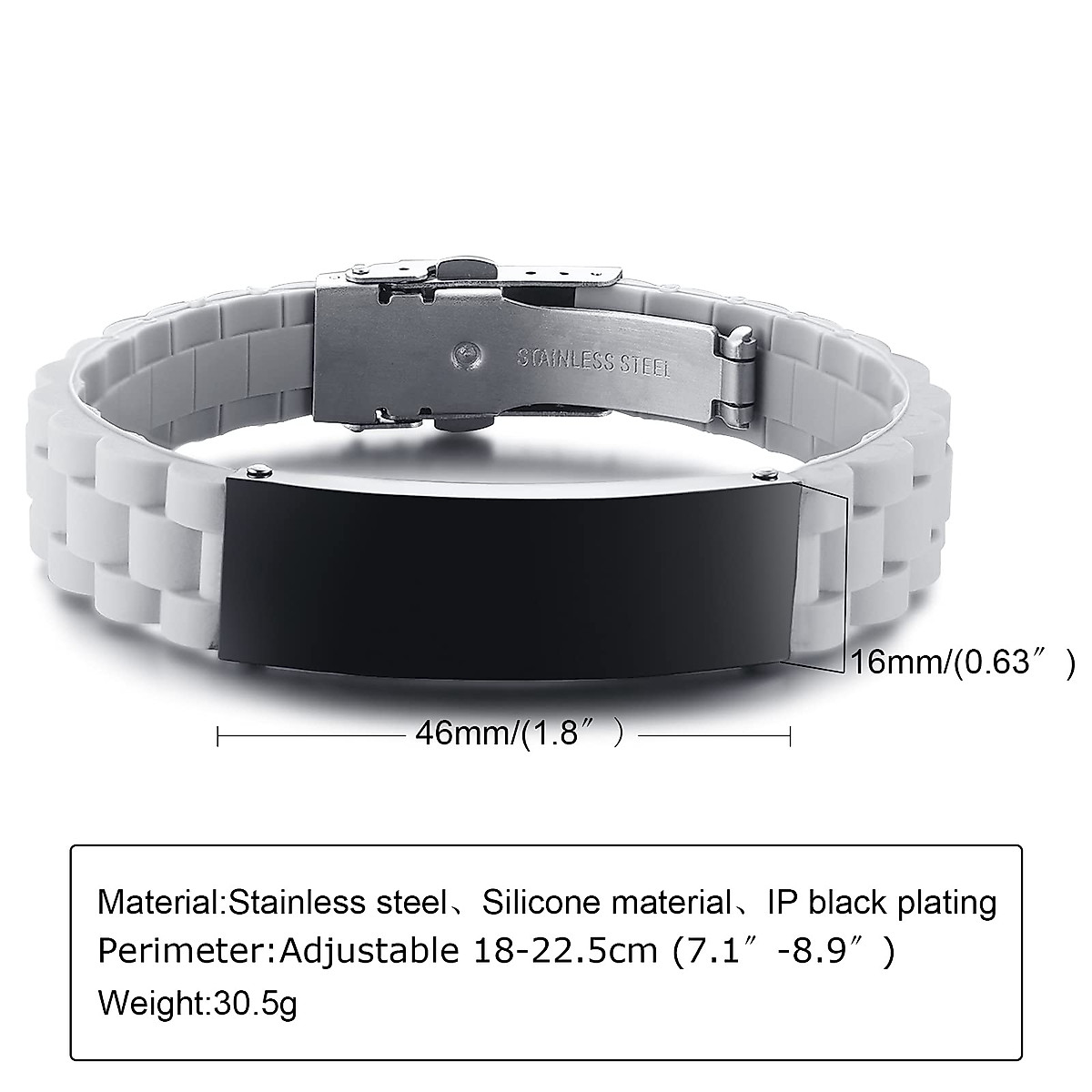 XUANPAI Personalized Custom Message Silicone Stainless Steel ID Tag Wristband Bangle,Adjustable Bracelet (Grey-Engraving)