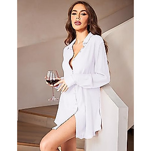 Ekouaer Sleepshirt for Women Button Down Long Sleeve Pajama Tops Loose Fit Boyfriend Nightwear White M