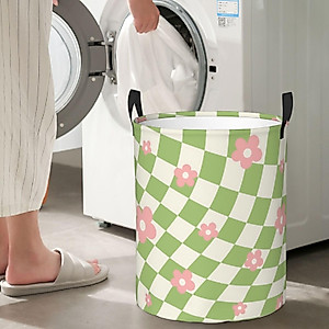 Green Pink Checkered Floral Laundry Basket Waterproof Collapsible Round Laundry Hamper Toys Clothes Organizer Gift Basket For Room Small