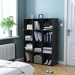 C&AHOME Cube Storage Organizer, 12-Cube Shelves Units, Closet Cabinet, DIY Plastic Modular Book Shelf, Ideal for Bedroom, Living Room, Office, 36.6" L x 12.4" W x 48.4" H Black SHS3012B