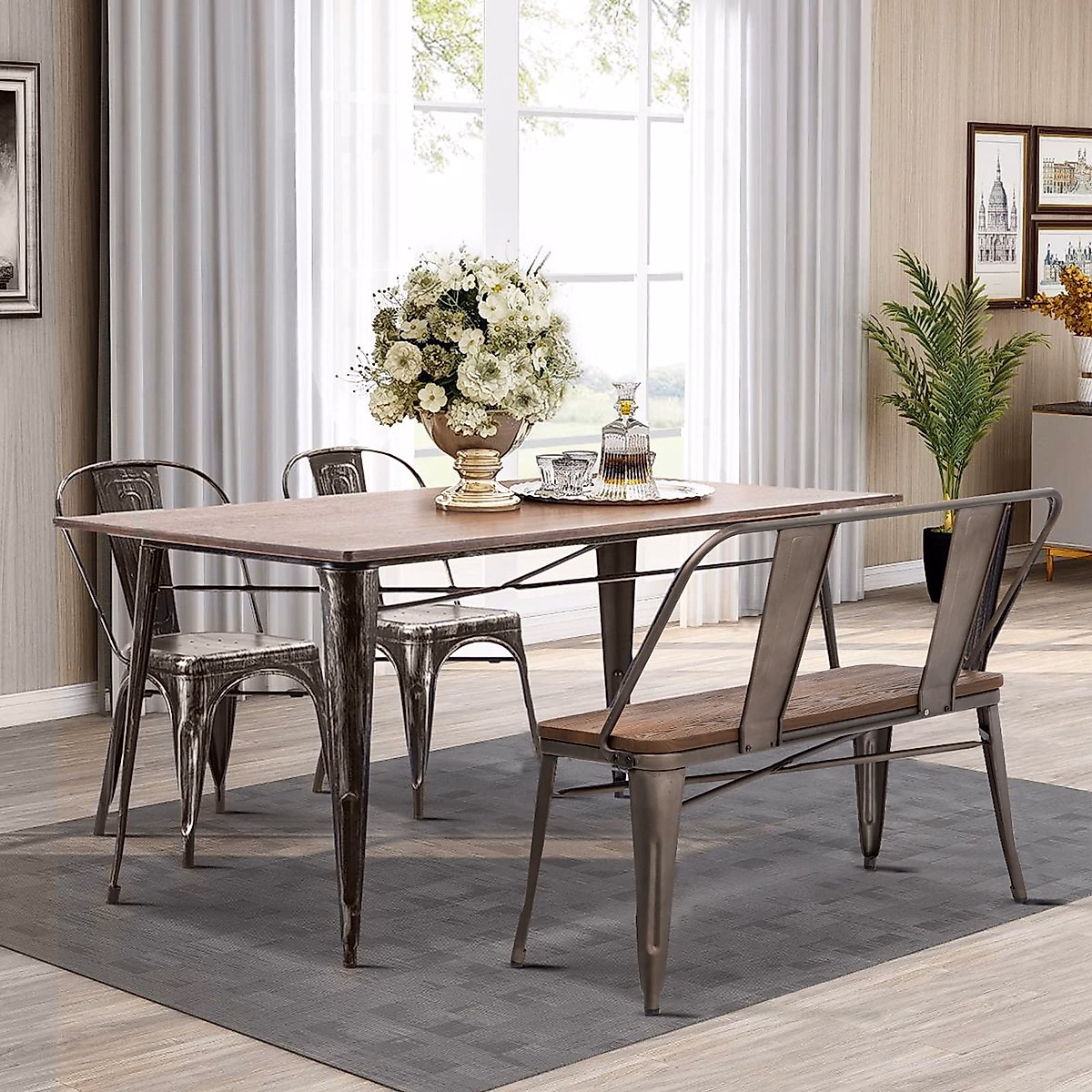 YOLENY EROMMY Metal Bench Industrial Mid-Century 2 Person Chair with Wood Seat,Dining Bench with Floor Protector Copper AZ1006