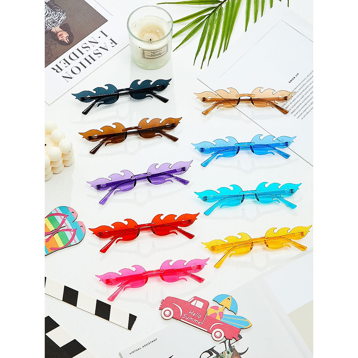 Dunzy 12 Pairs Fire Shaped Sunglasses Rimless Flame Glasses Wave Fire Y2K Glasses Frameless Eyewear(Stylish Colors)